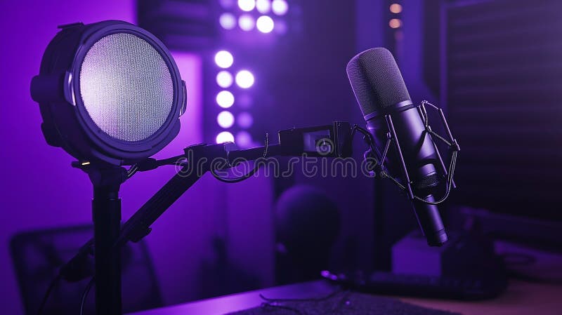 Professional Studio Microphone Setup Purple Lighting Podcast Recording ...