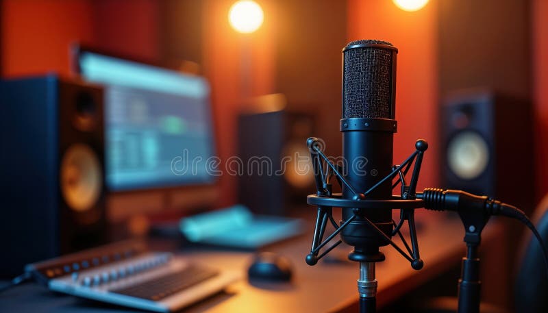 Professional Studio Microphone Stands Out in Recording Studio. Modern ...