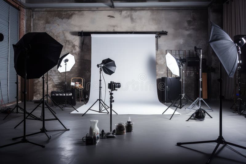 A Professional Studio Setup with Lighting Equipment Softboxes, Tripods ...