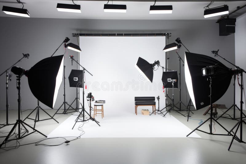 A Professional Studio Setup with Lighting Equipment Softboxes, Tripods ...