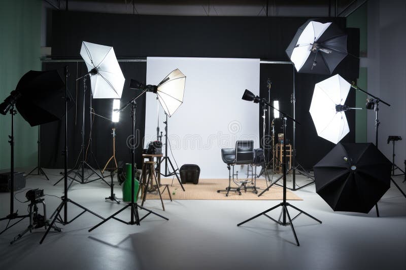 A Professional Studio Setup with Lighting Equipment Softboxes, Tripods ...