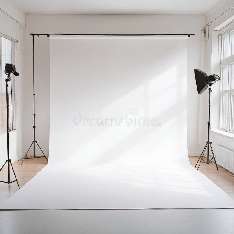 Professional Studio Setup with Lighting Equipment and White Backdrop in ...