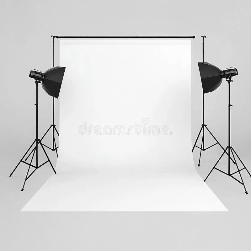 Professional Studio Setup with Lighting Equipment and White Backdrop ...