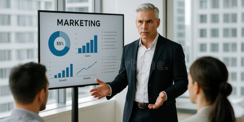 Professional in Suit Explains Campaign Growth Statistics Using ...