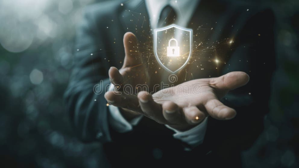 Professional in a Suit with an Illuminated Shield Icon Hovering Above ...