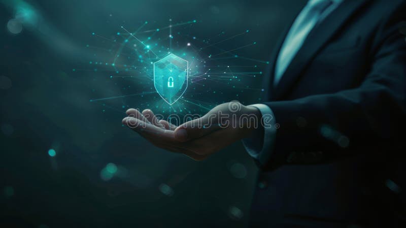 Professional in a Suit with an Illuminated Shield Icon Hovering Above ...