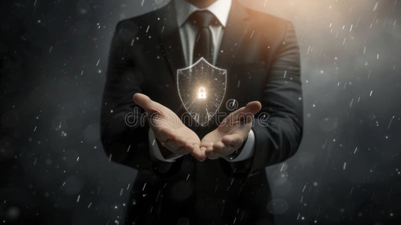 Professional in a Suit with an Illuminated Shield Icon Hovering Above ...