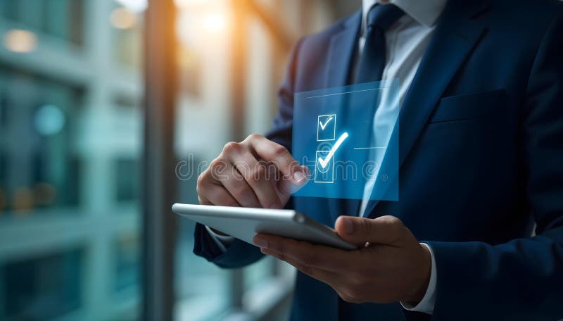 Businessman Using Digital Checklist on Tablet for Task Management ...