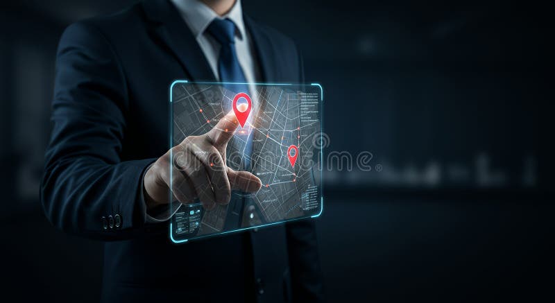 Businessman Interacting with a Projected Interactive Map Stock ...