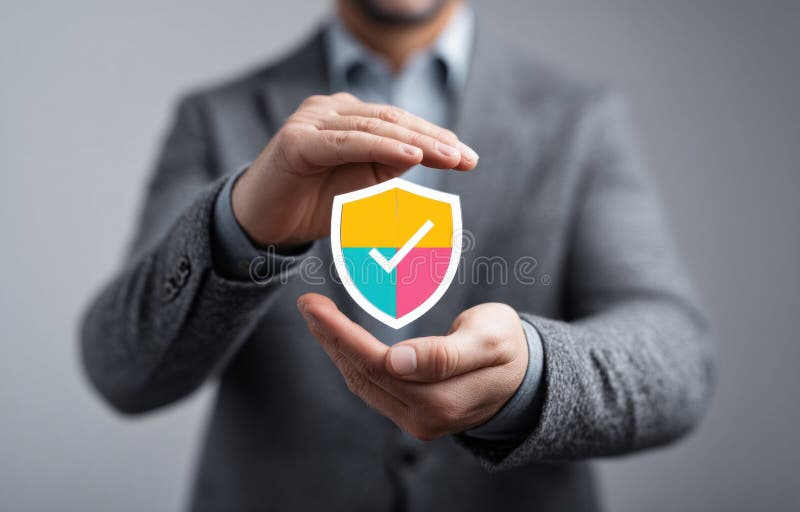 A Professional in a Suit Presents a Shield Icon Representing Security ...