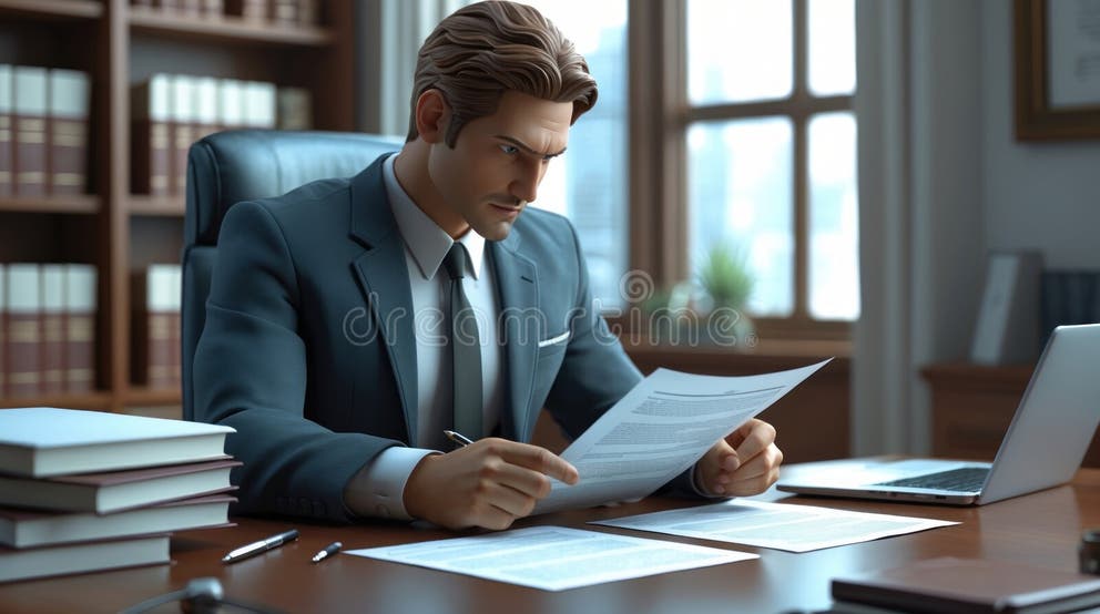 Professional in a Suit Reviewing Documents at a Desk in an Office ...