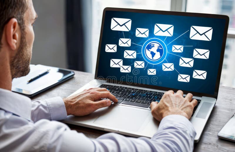 Corporate Executive Managing Email Communications on Laptop, Digital ...