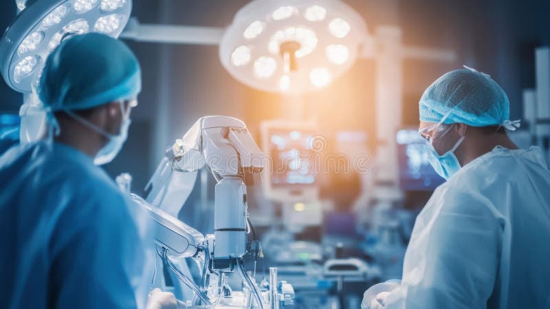 Wide Shot of a Surgical Team with Advanced Robotic Equipment in a ...