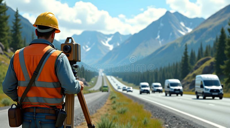 Professional Surveyor Working on Roadside Project with Vehicles Passing ...