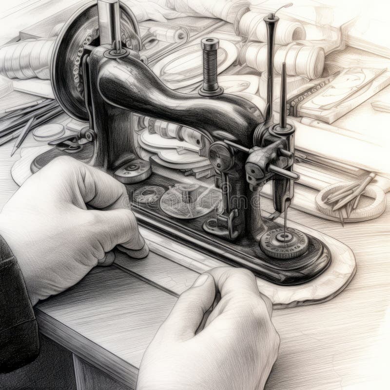 Professional Tailor Working at an Old-fashioned Sewing Machine, Pencil ...