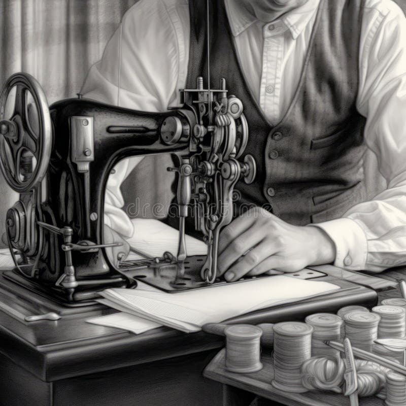 Professional Tailor Working at an Old-fashioned Sewing Machine, Pencil ...