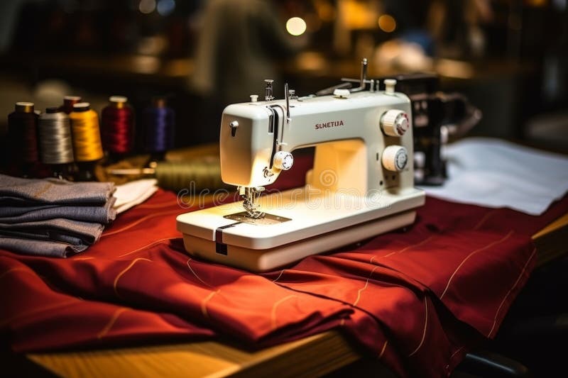 Professional Tailor Working at Workshop Desk with Sewing Machine, Tools ...