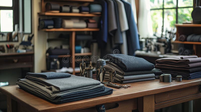 A Professional Tailor Workspace with Fabrics and Sewing Tools Neatly ...