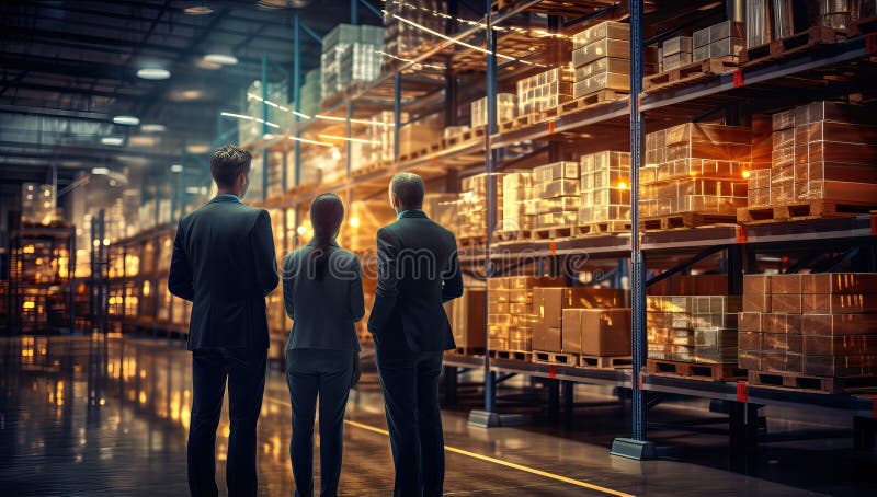 Professional Team in Logistics Warehouse at Night Stock Illustration ...