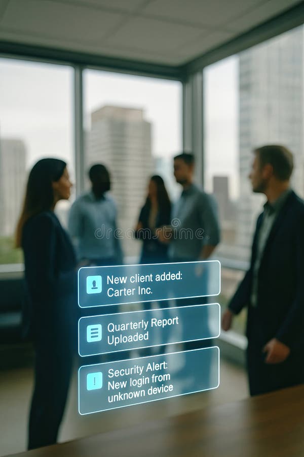 Professional Team in Modern Office Reacting To Blue Digital Alert ...