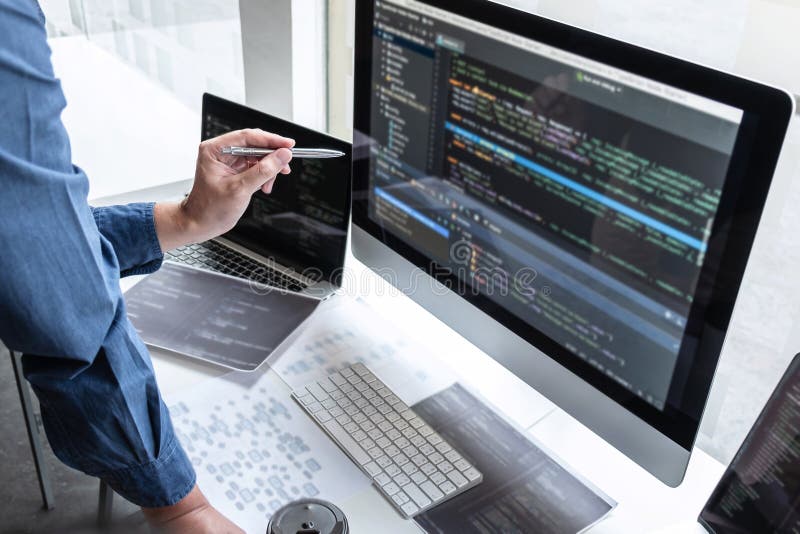 Professional Team of Programmer Working on Project in Software Development Computer in it ...