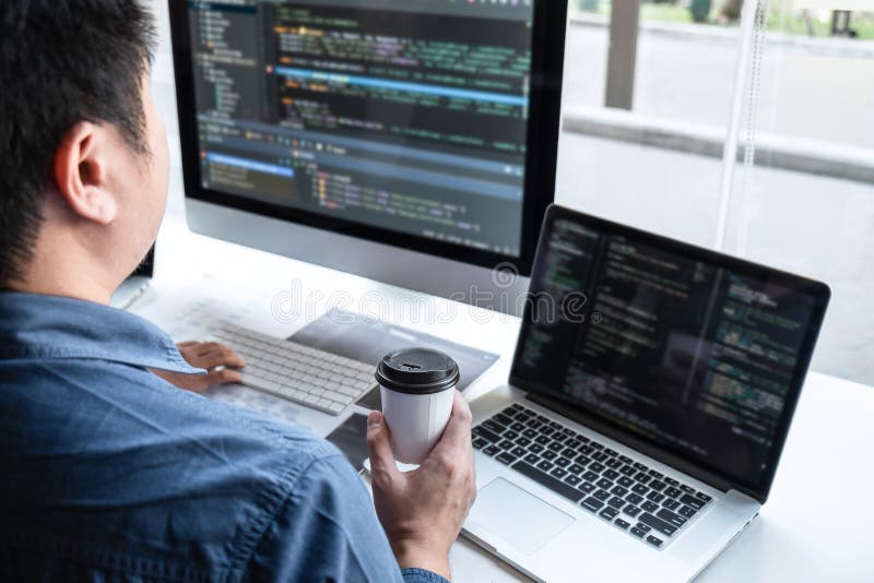 Professional Team of Programmer Working on Project in Software Development Computer in it ...