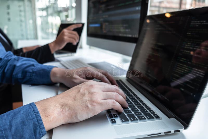 Professional Team of Programmer Working on Project in Software Development Computer in it ...