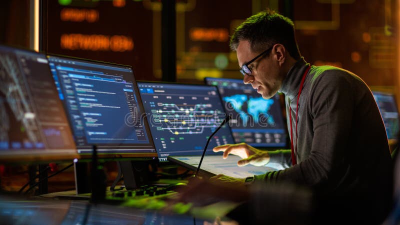 Professional it Technical Support Specialist Making an Intercom Announcement on a Microphone and ...