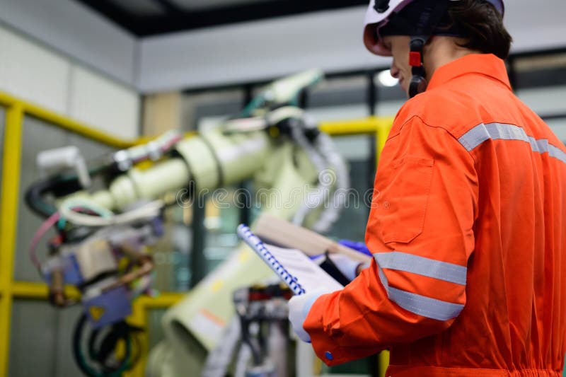 Professional Technician Holding Robot Controller Checking Automatic ...
