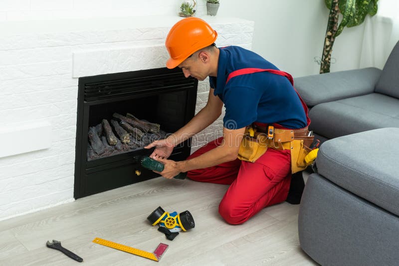 Professional Technician Installing Electric Fireplace in Room. Stock ...