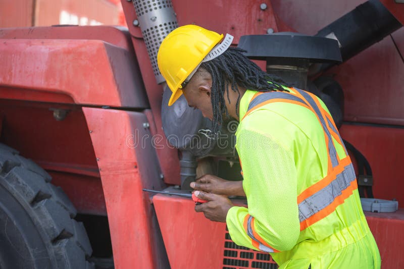 Professional Technician Pre-check Forklift Truck at Container Cargo ...