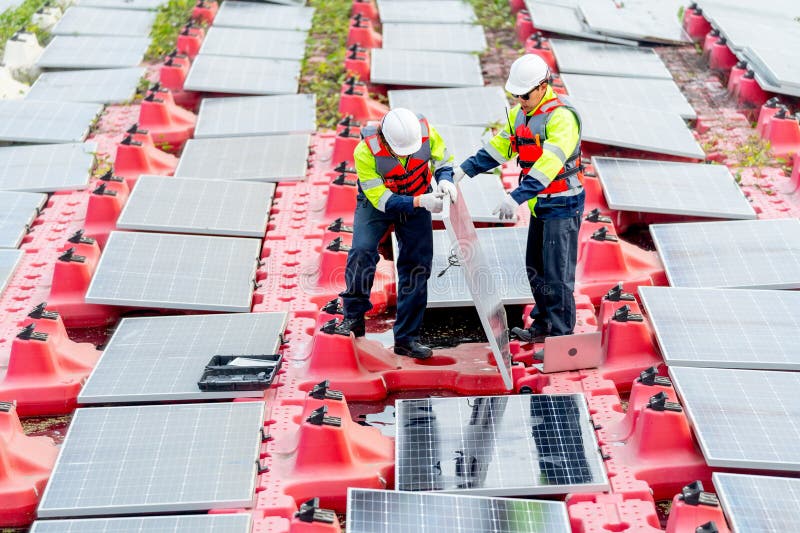 Professional Technician Workers Hold Solar Cell Panel during ...