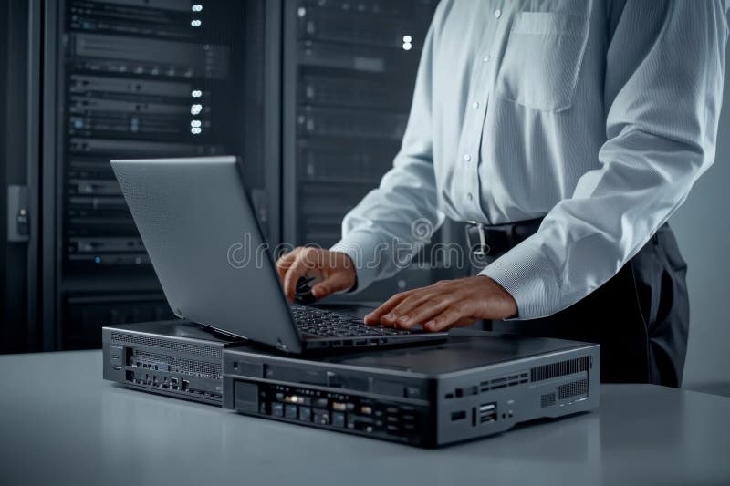 Professional it Technician Working on a Laptop in a Server Room during ...