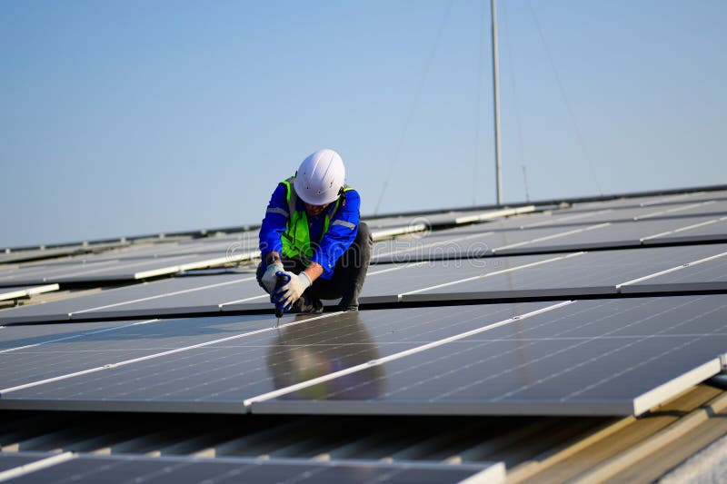 Professional Technicians Installing Solar Panels on Rooftop of Plant ...