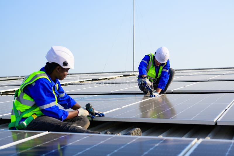 Professional Technicians Installing Solar Panels on Rooftop of Plant ...