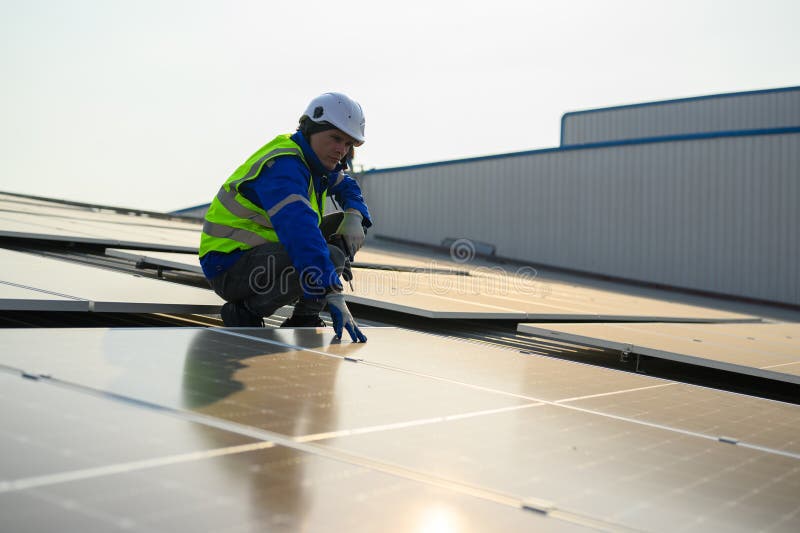 Professional Technicians Installing Solar Panels on Rooftop of Plant ...