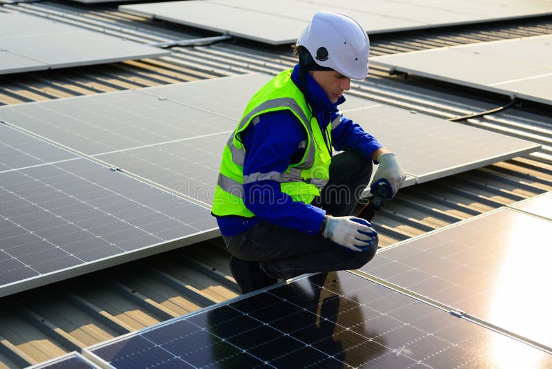 Professional Technicians Installing Solar Panels on Rooftop of Plant ...