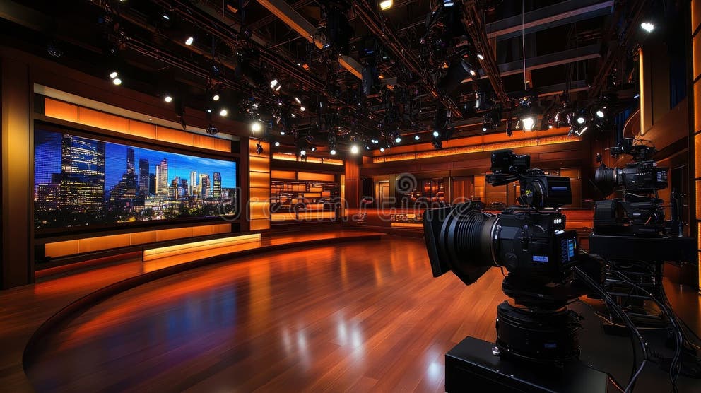 A Professional Television Studio Setup with Cameras and a Large Display ...