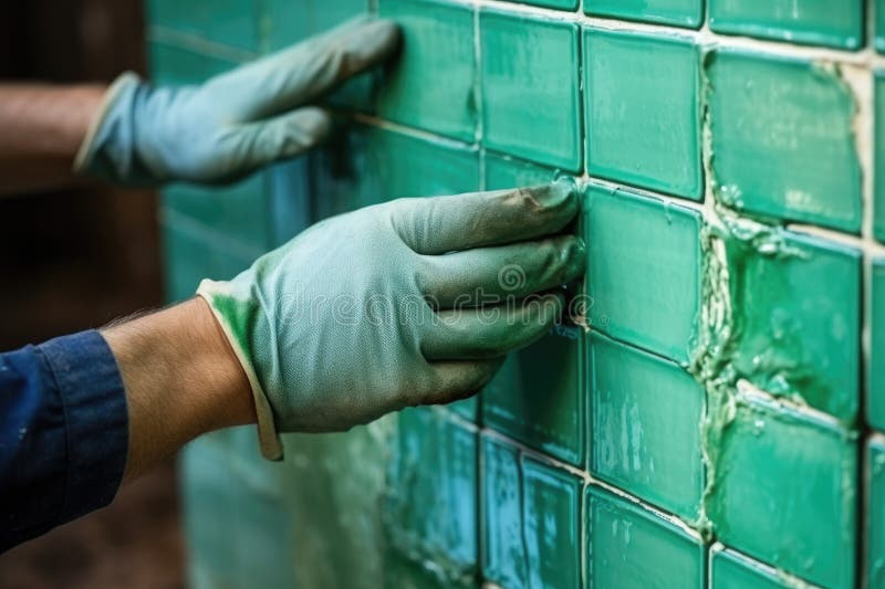 Hands of the Tiler are Laying Green Ceramic Tile on the Wall. Ai ...