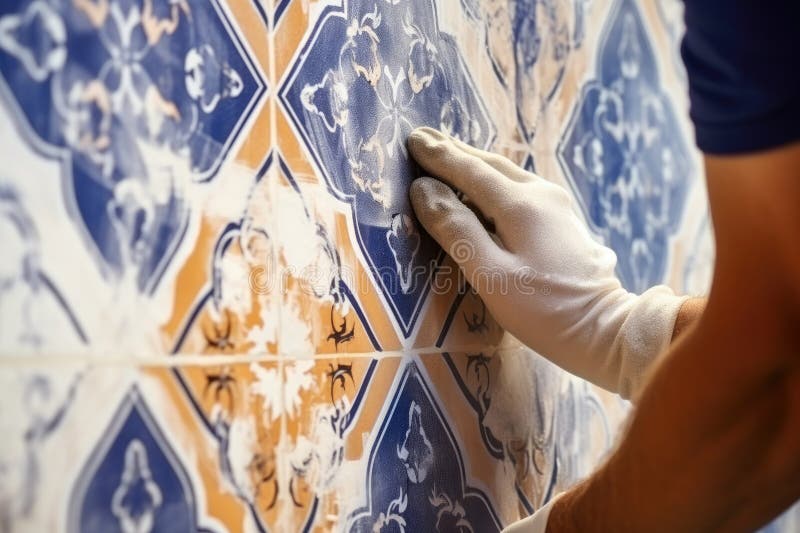 Hands of the Tiler are Laying Yellow Ceramic Tile on the Wall. Ai ...