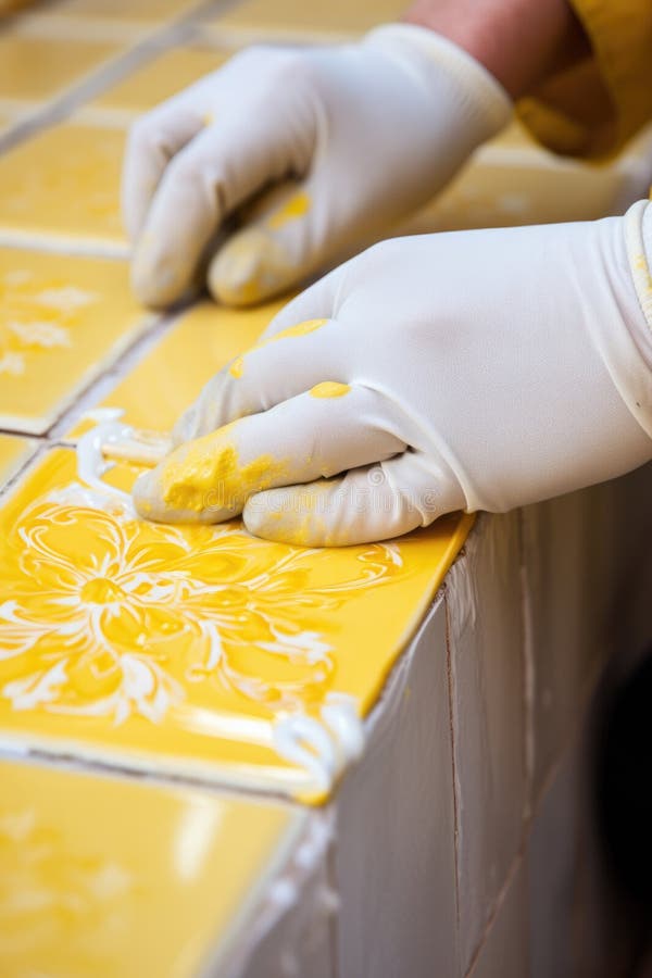Hands of the Tiler are Laying Yellow Ceramic Tile on the Wall. Ai ...