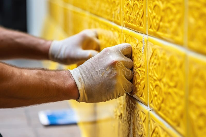 Hands of the Tiler are Laying Yellow Ceramic Tile on the Wall. Ai ...