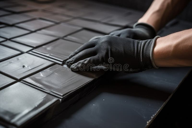 Hands of the Tiler are Laying Black Ceramic Tile on the Wall. Ai ...