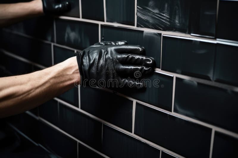 Hands of the Tiler are Laying Black Ceramic Tile on the Wall. Ai ...