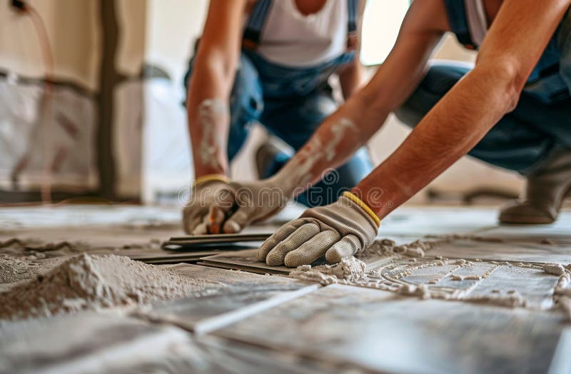 Professional Tilers at Work Installing New Ceramic Tiles on the Floor ...