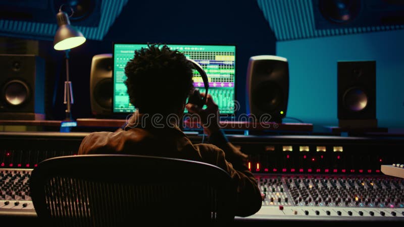 Professional Tracking Engineer Using Headphones To Edit Recorded Tracks ...