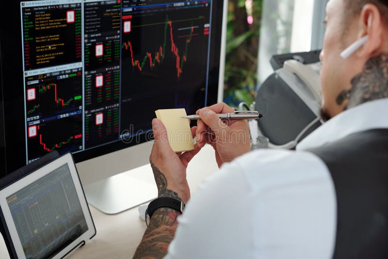 Trader Writing on Stickers stock image. Image of economy - 221778877