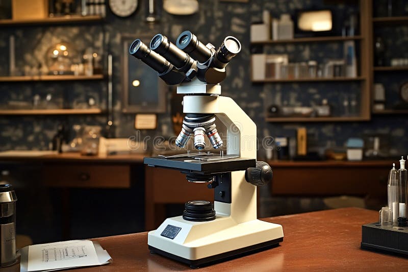 Professional Trinocular Microscope Standing on Wooden Table in ...