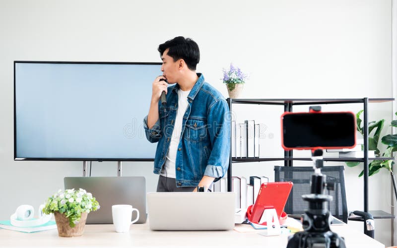 Professional Tutor Man Looking Television Mockup and Talking about ...