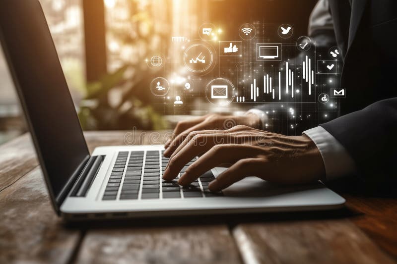 Hands Typing on Laptop with Digital Graphics Display by Generative Ai ...